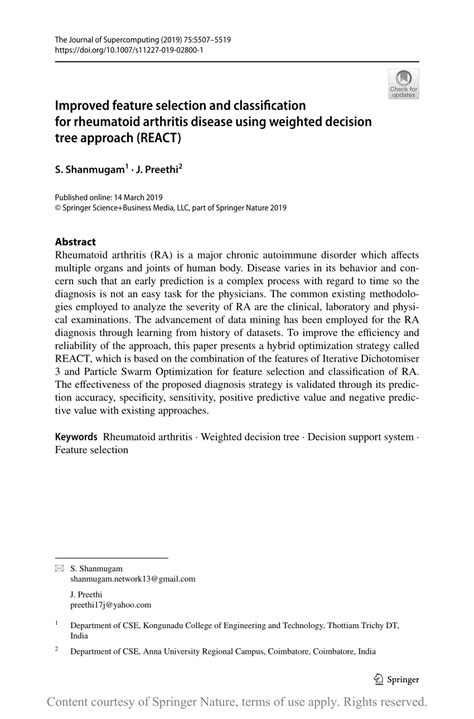 Improved Feature Selection And Classification For Rheumatoid Arthritis Disease Using Weighted