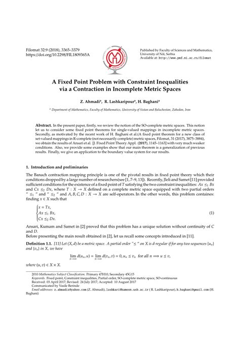 Pdf A Fixed Point Problem With Constraint Inequalities Via A Contraction In Incomplete Metric