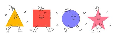 기하학적 모양의 형태로 재미있는 캐릭터 귀여운 얼굴과 감정을 가진 순진한 유치한 스타일의 만화 캐릭터 삼각형 사각형 원형 별 격리된 벡터 그림입니다 0명에 대한 스톡 벡터