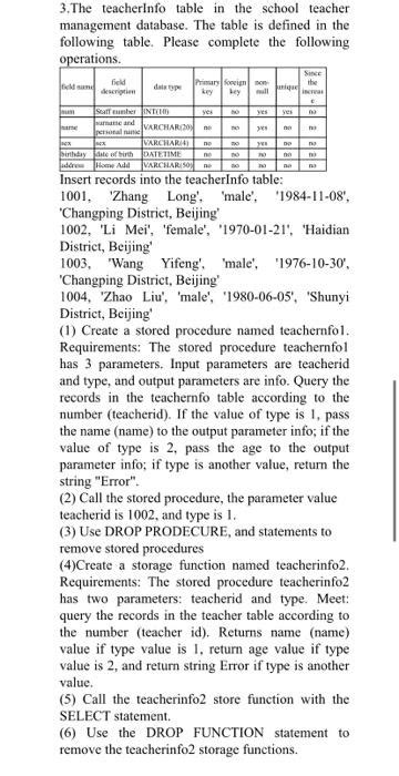 Solved 3the Teacherinfo Table In The School Teacher