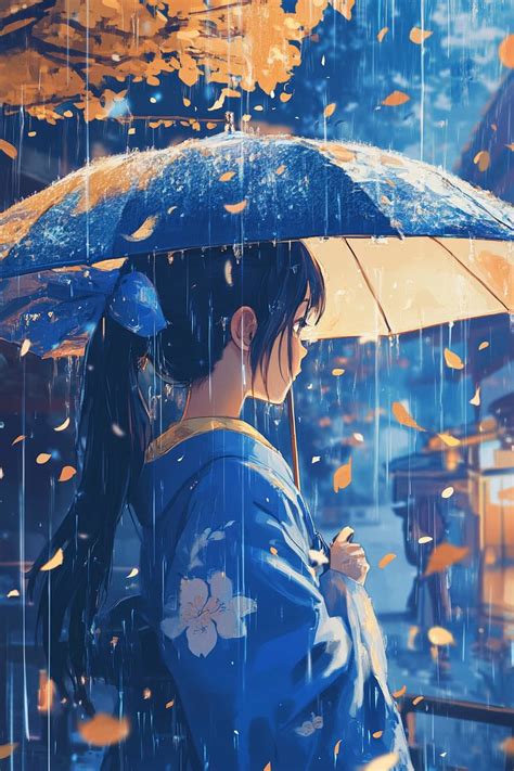 비 오는 날 파란색 애니메이션 소녀