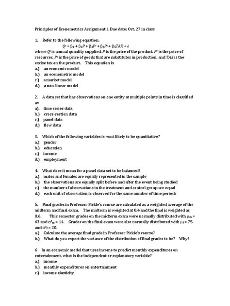 Econometrics Assignment 1 Pdf Ordinary Least Squares Errors And Residuals