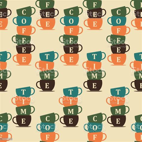 컵 커피 복고풍 색상의 원활한 패턴 커피 배경 커피 타임 텍스트 포장지 포장 벽지 직물에 인쇄를위한 복고풍 디자인 평면 디자인의 벡터 일러스트 레이 션 0명에 대한 스톡