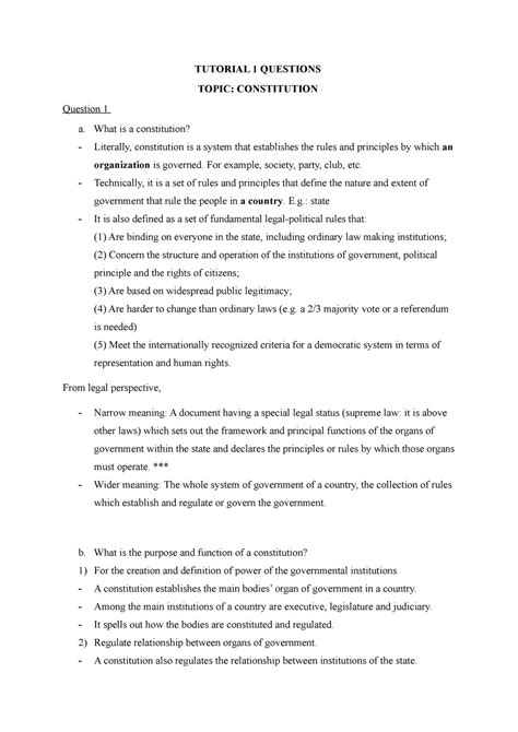 Tutorial 1 Questions Constitution Tutorial 1 Questions Topic Constitution Question 1 A