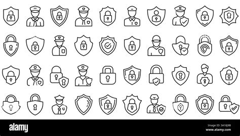 Editable Stroke Icons Of Security Guards Padlocks And Shields Representing Safety Protection