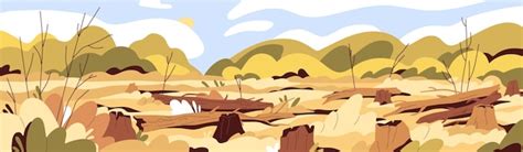 삼림 벌채와 산림 황폐화 개념 쓰러진 나무와 황량한 나무에 가뭄의 풍경입니다 마른 줄기와 그루터기가 있는 죽은 자연 풍경 생태 재해의 평면 벡터 일러스트 레이 션