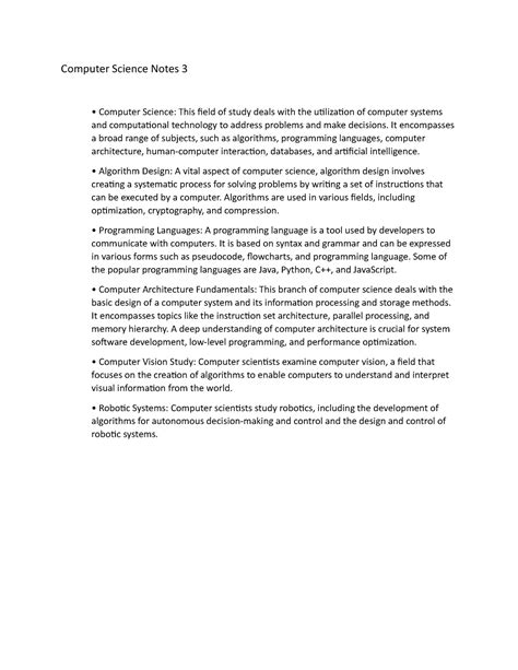 Computer Science Notes 3 It Encompasses A Broad Range Of Subjects