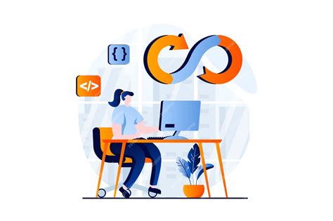 플랫 만화 디자인의 사람들이 있는 Devops 개념 개발 작업을 수행하는 회사에서 일하는 동안 여성 코딩 및 프로그램 생성 웹용