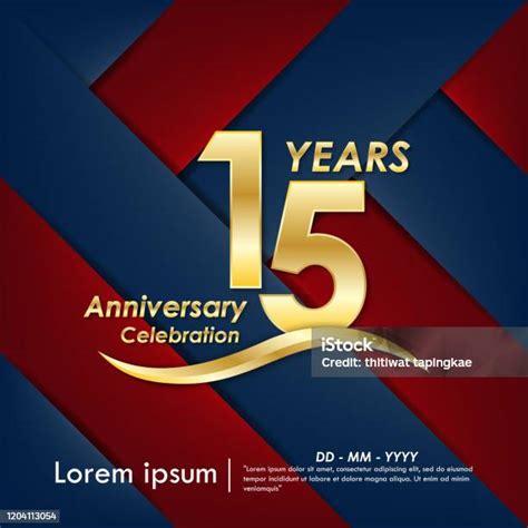 15 주년 기념 헝겊 빨간색과 파란색 배경에 우아함 황금 기념일 로고 웹 축하 인사말 카드 및 초대 카드에 대한 벡터 일러스트 템플릿 디자인 15에 대한 스톡 벡터 아트 및