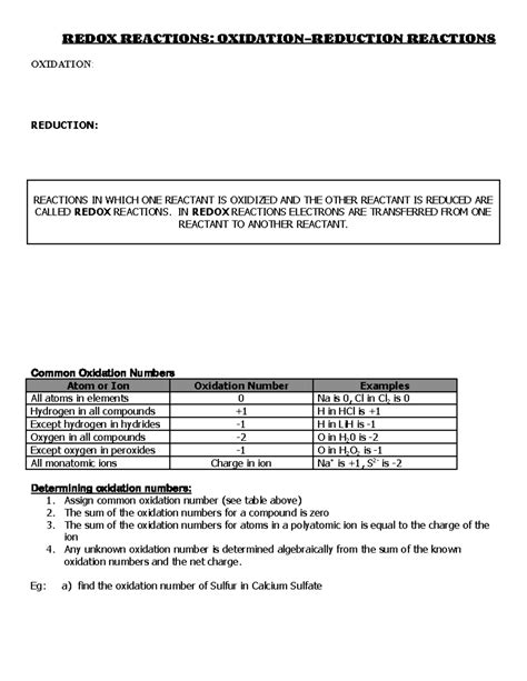 1 Redox Reactions And Oxidation Numbers Handout Redox Reactions Oxidation Reduction