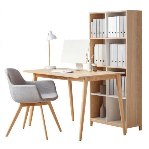 A Modern Workspace Featuring A Desk Chair Lamp Computer And Bookshelf Stock Illustration