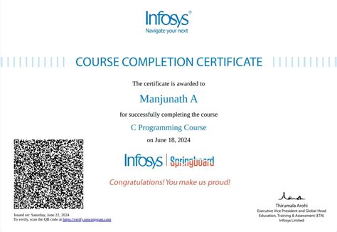 Completed C Programming Course On Infosys Springboard Manjunath A