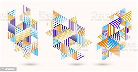 스트라이프 삼각형과 3d 큐브 벡터 디자인 세트와 추상 다각형 배경 다른 광고 또는 표지 또는 배너용 템플릿입니다 복고풍 스타일의 그래픽 요소입니다 0명에 대한 스톡 벡터