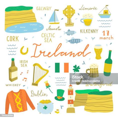 아일랜드 흰색 바탕에 여행 요소입니다 벡터 일러스트와 아일랜드의 상징 자연 음식 맥주 아이콘 하프에 대한 스톡 벡터 아트 및