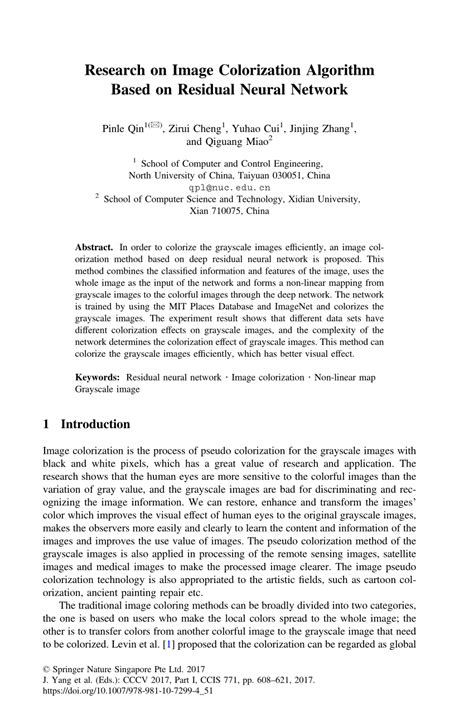 pdf research on image colorization algorithm based on residual neural