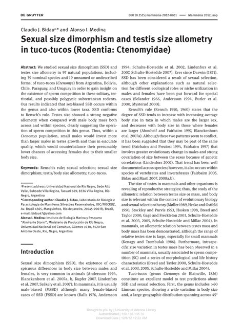 Pdf Sexual Size Dimorphism And Testis Size Allometry In Tuco Tucos
