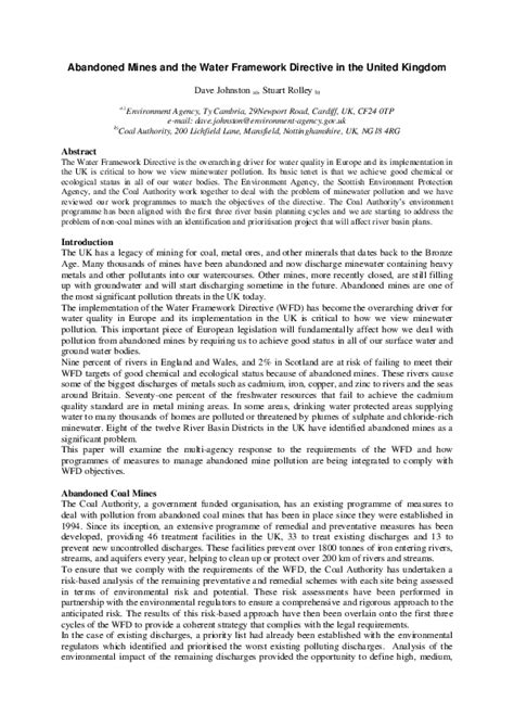 Pdf Abandoned Mines And The Water Framework Directive In The United Kingdom
