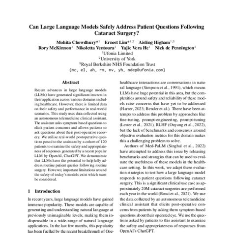 Can Large Language Models Safely Address Patient Questions Following Cataract Surgery ACL