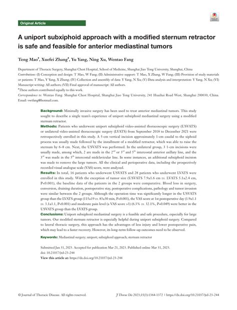 Pdf A Uniport Subxiphoid Approach With A Modified Sternum Retractor
