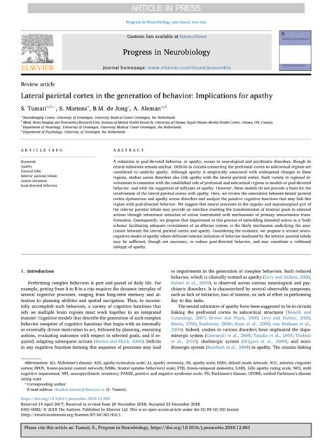 Pdf Lateral Parietal Cortex In The Generation Of Behavior Implications For Apathy