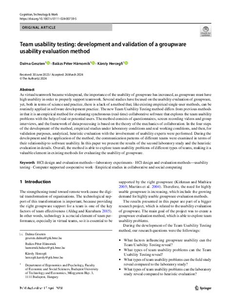 Pdf Team Usability Testing Development And Validation Of A Groupware Usability Evaluation Method