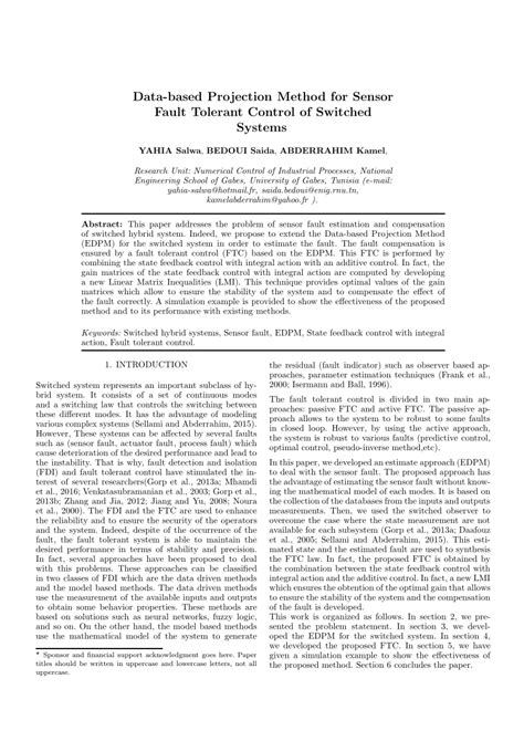 Pdf Data Based Projection Method For Sensor Fault Tolerant Control Of
