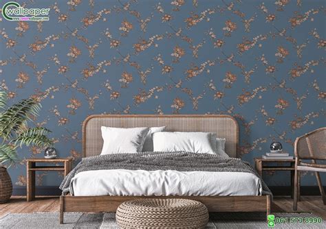 วอลเปเปอร์ลายดอกไม้สีส้ม พื้นหลังสีน้ำเงินแท็กเจอร์ผ้า วอลเปเปอร์ วอลเปเปอร์ติดผนัง สวยๆ