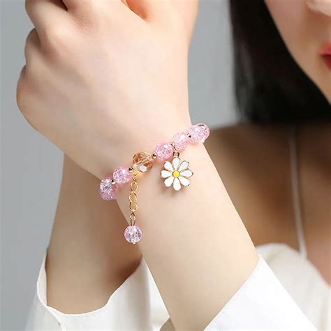 한국 꽃 데이지 팔찌 여성용 보헤미안 다채로운 크리스탈 구슬 팔찌 수제 탄성 로프 여성 쥬얼리 2022 신제품 Aliexpress