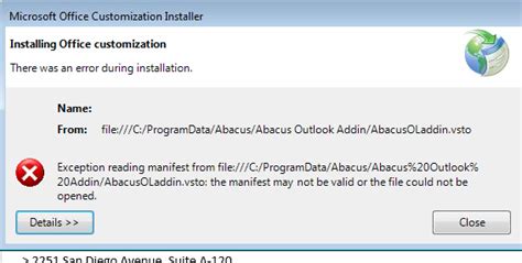 Error Installing Office Customization Exception Reading Manifest When Installing Outlook Add
