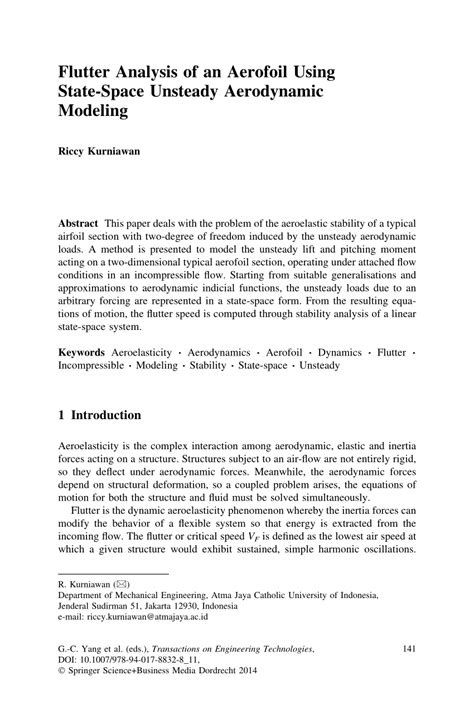 Pdf Flutter Analysis Of An Aerofoil Using State Space Unsteady Aerodynamic Modeling