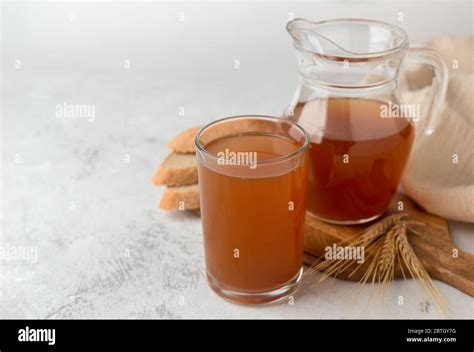 Traditional Bread Kvass On A White Background Fermented Soft Drink In