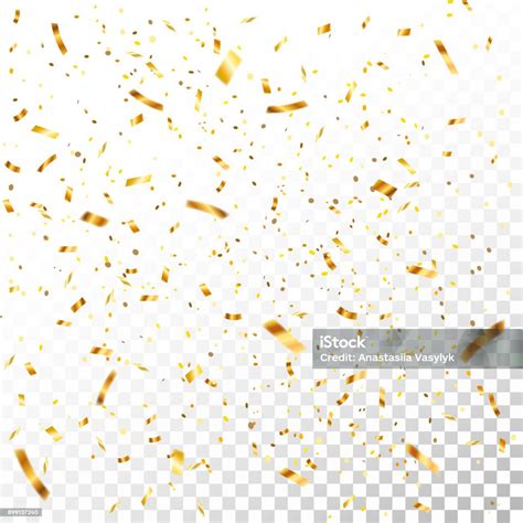빛나는 황금 색종이 떨어지는 색종이의 벡터 축제 그림에 고립 된 투명 체크 무늬 배경 반짝이 디자인에 대 한 휴일 장식 틴 셀 요소 색종이 조각에 대한 스톡 벡터 아트 및