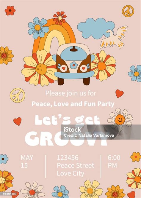 데이지 꽃 복고풍 자동차 무지개로 구성된 멋진 파티 생일 초대장 전단지 복고풍 포스터가 있는 템플릿입니다 텍스트를 위한