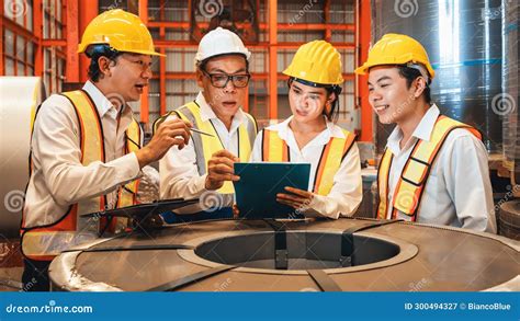 Team Of Engineer And Foreman On Meeting Over Metal Roll Exemplifying Stock Image Image Of