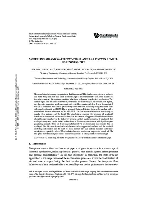 Pdf Modelling Air And Water Two Phase Annular Flow In A Small Horizontal Pipe
