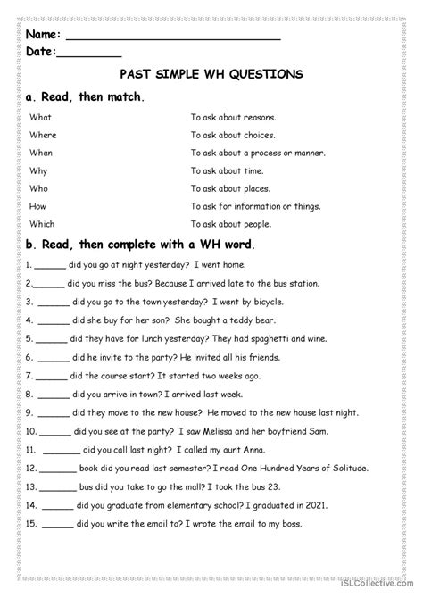 Past Simple And Wh Questions General… English Esl Worksheets Pdf And Doc