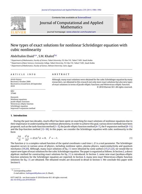 Pdf New Types Of Exact Solutions For Nonlinear Schrdinger Equation With Cubic Nonlinearity