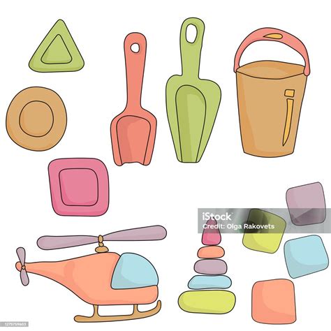 샌드박스 장난감 세트 화려한 큐브 양동이 삽 샌드박스 피라미드 헬리콥터 모래 몰드 벡터 일러스트 갈색에 대한 스톡 벡터 아트 및