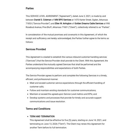 Simple Service Level Agreement Template