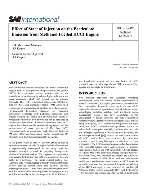 Pdf Effect Of Start Of Injection On The Particulate Emission From Methanol Fuelled Hcci Engine