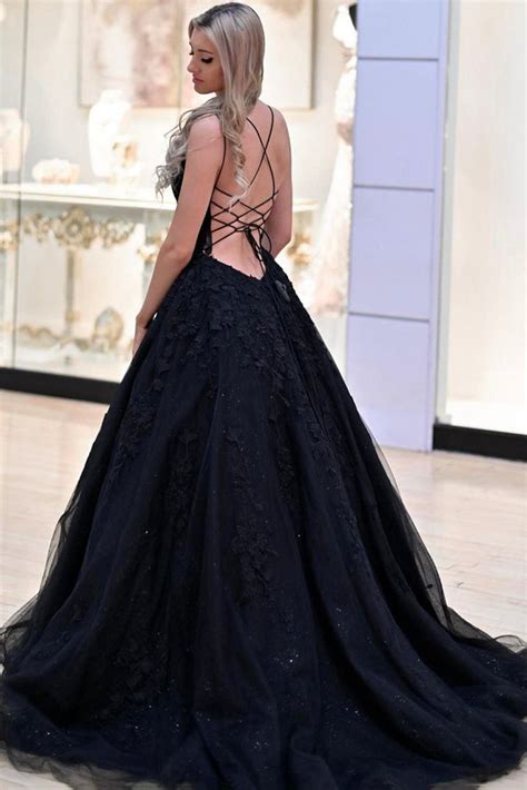 A Line V Neck Backless Black Lace Prom Dress Long Black Lace Formal D