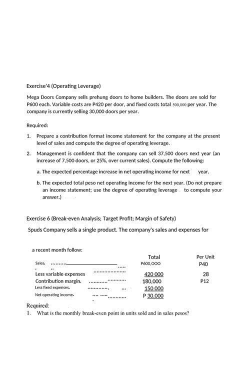 CVP Exercises Cvp Exercise Exercise 4 Operating Leverage Mega Doors Company Sells Prehung