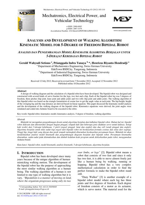 pdf analysis and development of walking algorithm kinematic model for 5 degree of freedom