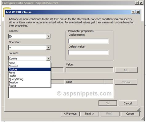 pass cookie value as parameter to sqldatasource in aspnet