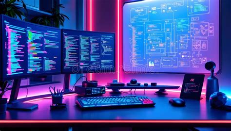 Neon Lit Programmer Workstation Coding In A Futuristic Setup With Dual