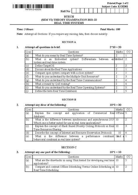 Btech Oe 6 Sem Real Time Systems Koe061 2022 Printed Page 1 Of 2 Subject Code Koe 0 Roll No