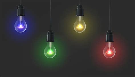 Vector 3d Realistic Colored Light Bulbs Glowing On A Black Background 16400924 Vector Art At