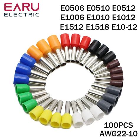 절연 페룰 터미널 블록 코드 엔드 와이어 커넥터 전기 크림프 터미네이터 팩 당 100 개 E1006 E0506 E1012 E1512 E1518