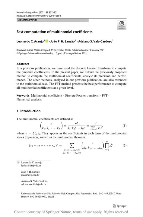 Fast Computation Of Multinomial Coefficients Request Pdf