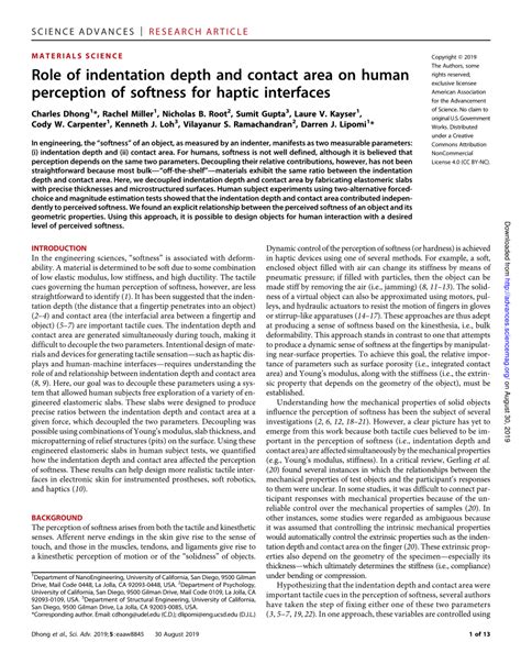 Pdf Role Of Indentation Depth And Contact Area On Human Perception Of Softness For Haptic